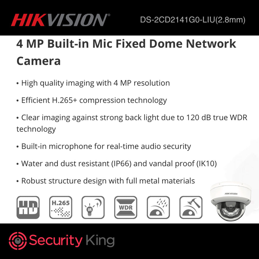 Hikvision 4MP IP Dome Camera 2.8mm - Smart Hybrid with Audio - SecurityKing