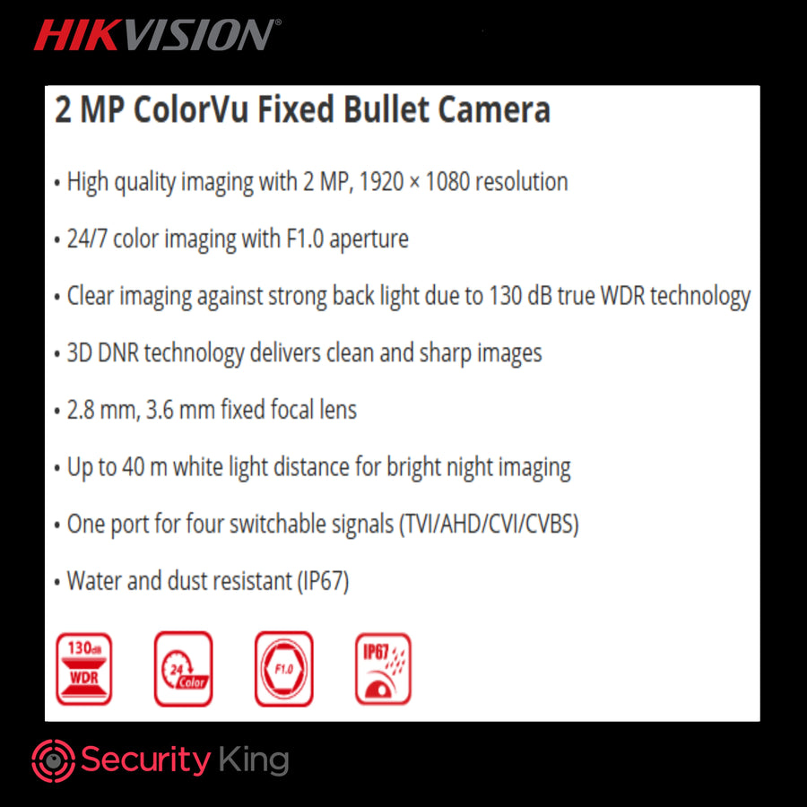 Hikvision 2MP Colorvu Bullet Camera - Gold Series - 40m - SecurityKing