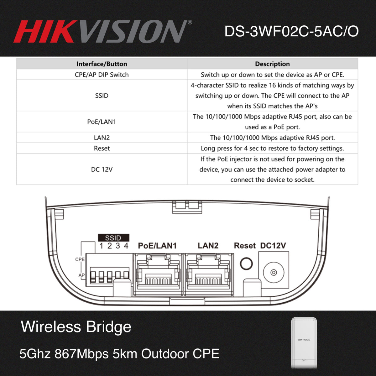 Hikvision 5Ghz 867Mbps 5km Outdoor Wireless CPE – SecurityKing