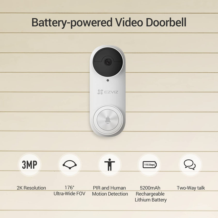 EZVIZ DB2 2K Battery-Powered Wireless Video Doorbell Kit with Chime ...
